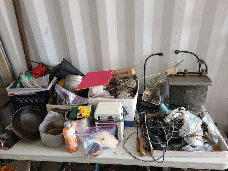 Contents on Table, Heaters, Electrical, Vintage Rex Riveting Tool, Hardware and More - Prime ...