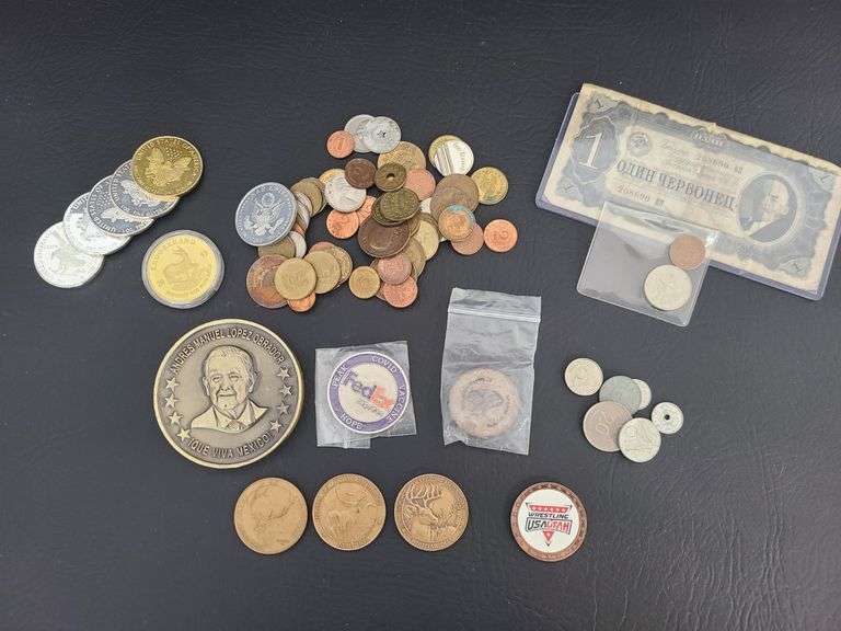 3)N.A.H.C. Collector's Medallions, 1937 Russian Banknote, Italian Coins ...