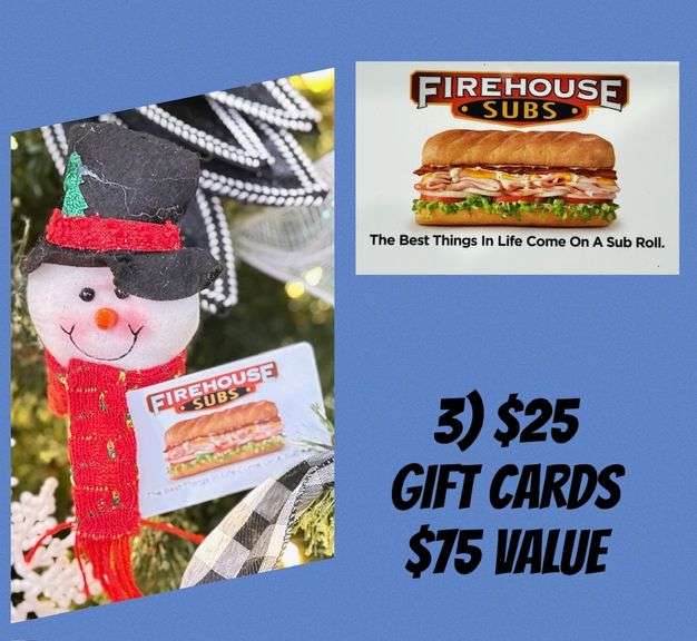 3) Firehouse Subs $25.00 Gift Cards - $75.00 Value - Prime Time ...