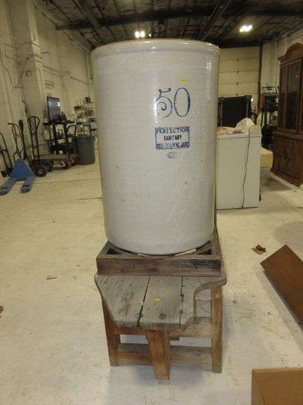 Large Stoneware 50 Gal Crock with Wood Base - Prime Time Auctions, Inc.