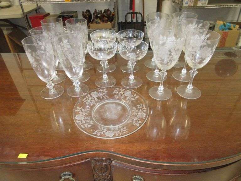 Etched Stemware Glasses and Plate - Prime Time Auctions, Inc.