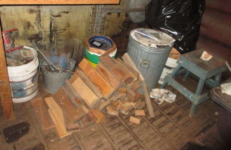 Contents of Corner, Wood, Stool, Trash Can, Galvanized Bucket, Five ...