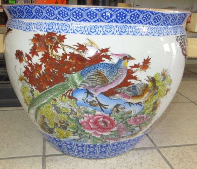 Large Hand Painted Bird / Floral Planter Pot - Prime Time Auctions, Inc.