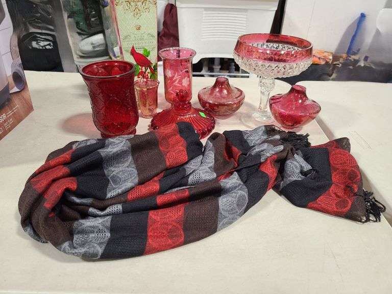 Scarf, Vase, Ruby Candy Dish Lid, Red Indiana Glass Candy Dish, 2) Ruby ...