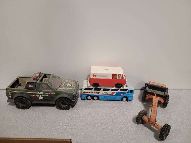 Tonka G.I. Joe Truck, Toy Milk Truck, Greyhound Bus, Strutco Tractor ...