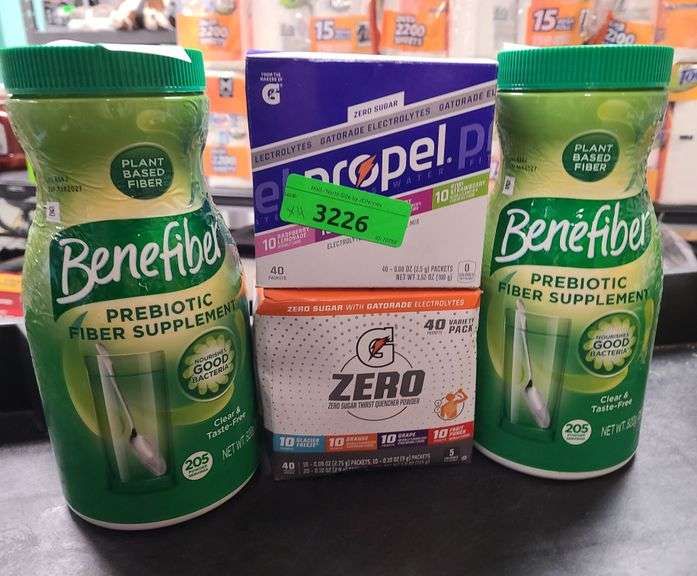 2) Benefiber Fiber Supplement, 1) Propel Packets, 1) Gatorade Packets ...