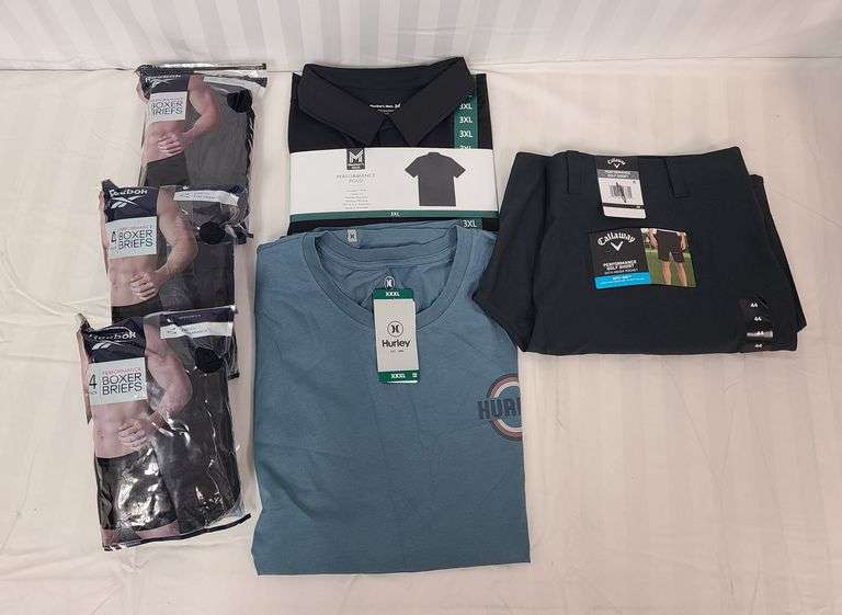 3) 4pk Reebok Boxer Briefs, 1) Performance Polo, 1) Hurley Tee Shirt, 1 ...
