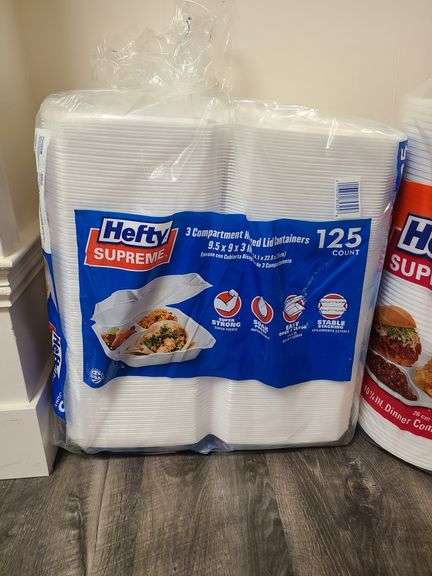 1) Hefty Supreme Hinged Lid Containers, 1) 200ct Hefty Supreme Plates ...