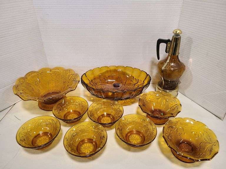 Amber Glass Decanter Musical Bottle, 2) Amber Glass Footed Candy Dishes ...