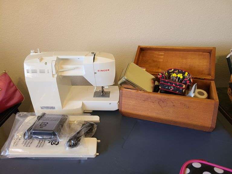 Singer Sewing Machine, Wooden Box of Sewing Supplies - Prime Time ...