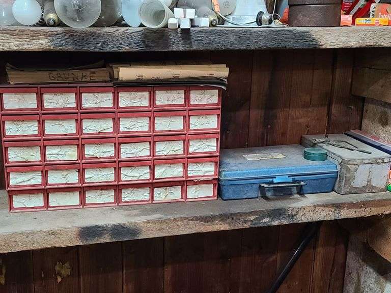 Red Hardware Caddy with Contents, Sand Paper, Brass Plumbing Connectors ...