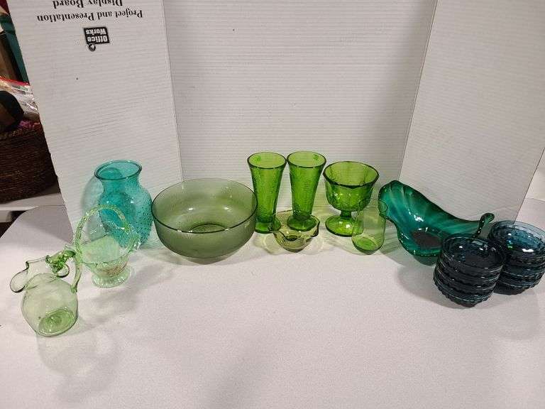 Green Bowls, Vase, 2) Green Vase, Pitcher, Basket, 8) Fostoria Bowls ...