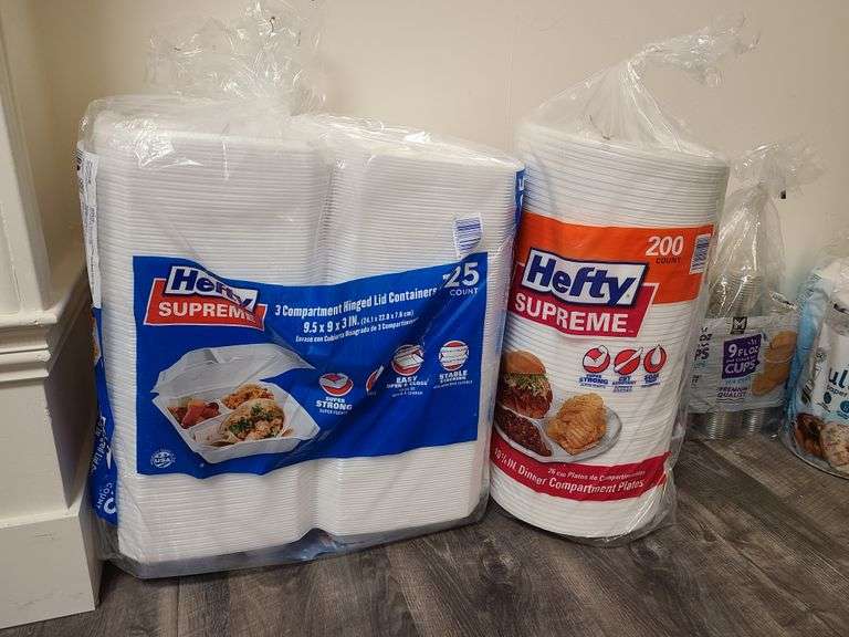 1) Hefty Supreme Hinged Lid Containers, 1) 200ct Hefty Supreme Plates ...