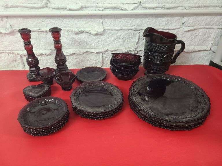 Red Avon Dishware, Candle Holders, Candy Dish - Prime Time Auctions, Inc.