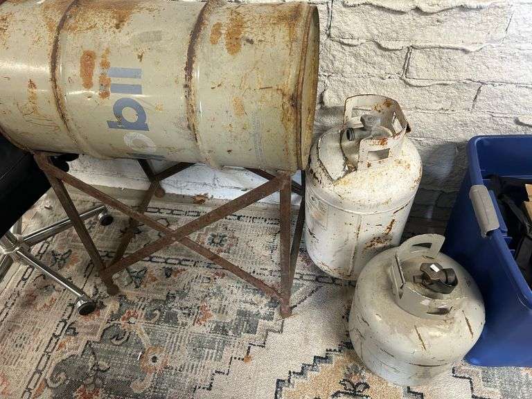 2) Propane Tanks, Oil Barrel on Stand - Prime Time Auctions, Inc.