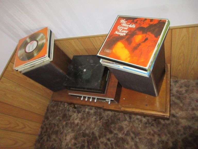 Vintage Coffee Table with Record Player, Speakers, Vinyl Record ...