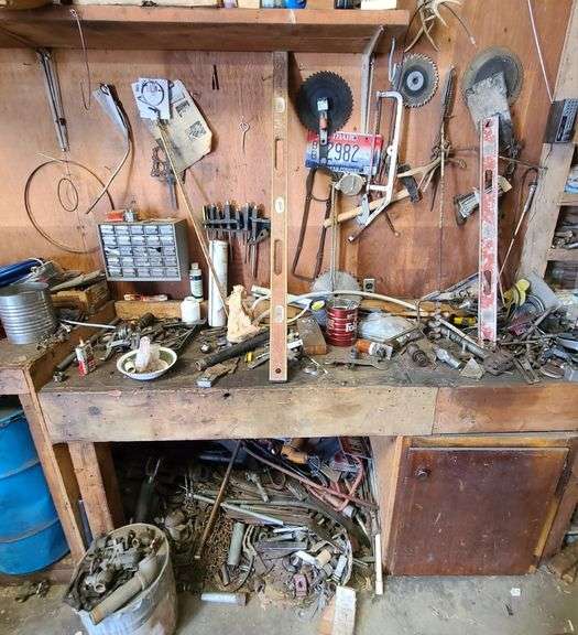 Contents of Bench, Hardware, Auto Parts, Saw Blades, Hand Tools ...