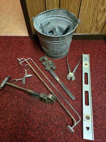 Metal Pail with Hand Tools, Level, Pipe Wrench and More - Prime Time ...