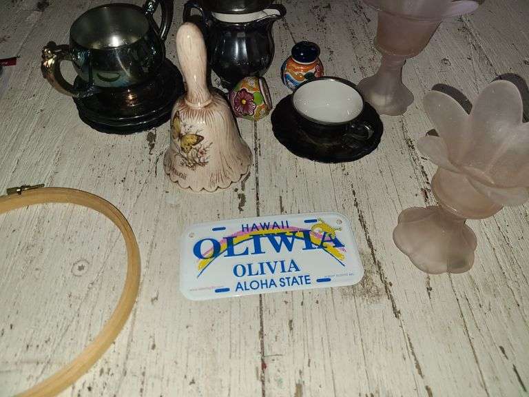 Contents of Box (Glassware, Bells, Salt and Pepper Shakers, Embroidery ...