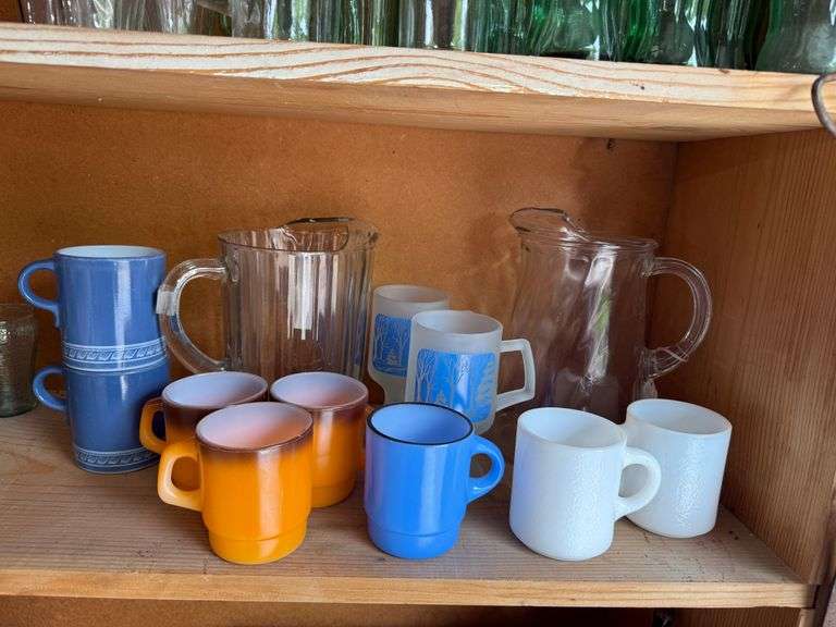 2) Glass Pitchers, Fire King and Pyrex Coffee Mugs - Prime Time ...