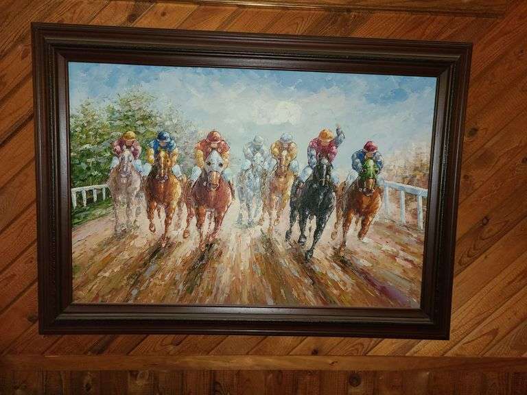 Large Framed Oil on Canvas Horse Racing Painting - Prime Time Auctions ...