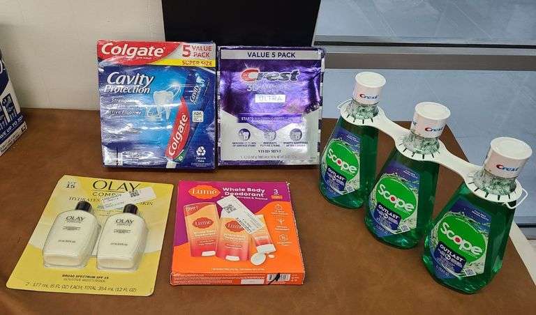 1) Colgate Toothpaste 5pk, 1) Crest Toothpaste 5pk, 1) Olay Moisturizer ...