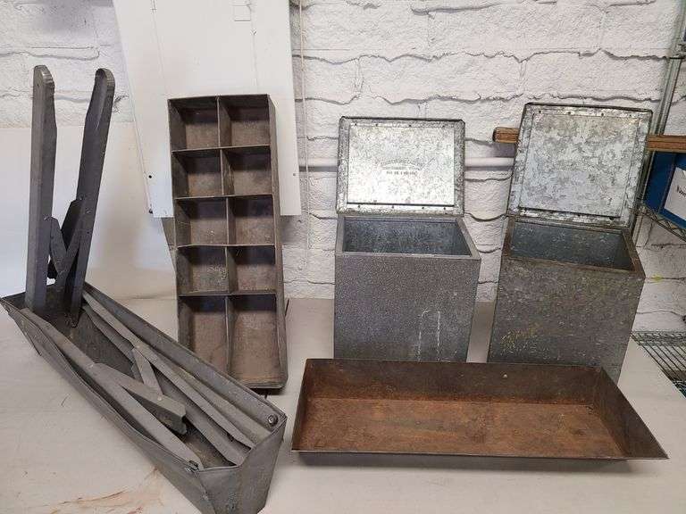 Metal Saw Horse, Metal Cubby Shelf, 2) Metal Boxes with Lids, Metal ...