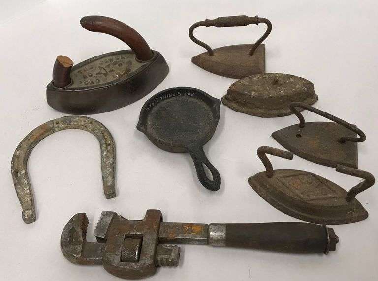 Group of Small Sad Irons & Miscellaneous Primitives - Creamer Auction