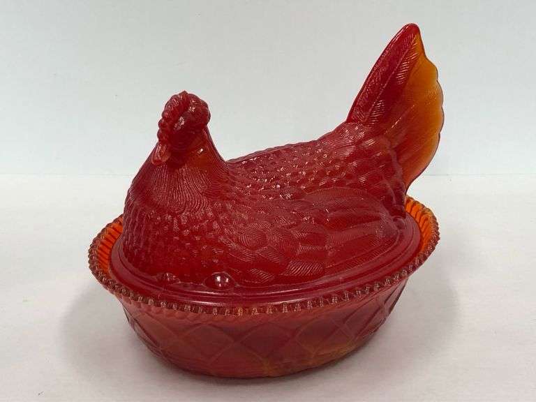 Red and Orange Glass Hen Dish - Creamer Auction