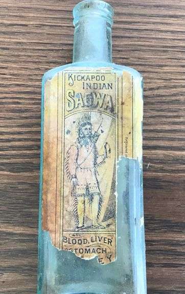 RARE OLD BOTTLE “KICKAPOO INDIAN SAGWA” WITH EMBOSSED INDIAN ON BOTTLE ...