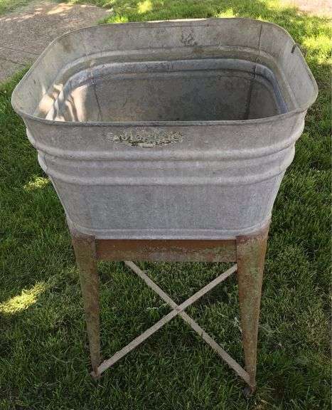 Primitive Galvanized Wash Tub on Stand - Creamer Auction