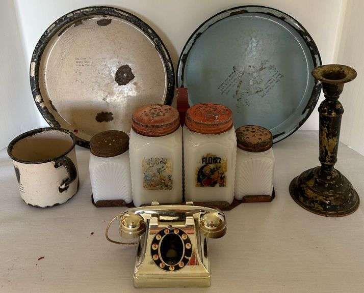 Small canister set - and kids enamel plates and cup. - Creamer Auction