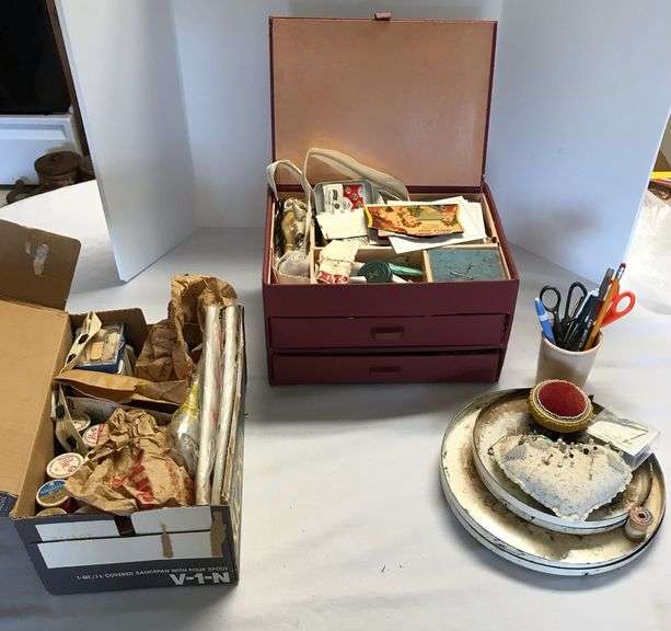 Assortment of Sewing Supplies & Sewing Box - Creamer Auction