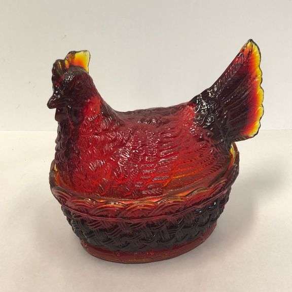 Heavy Red Glass Nesting Hen Dish - Creamer Auction
