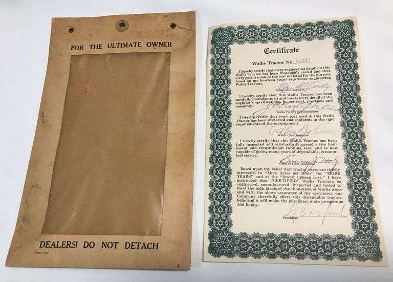 Wallis Tractor No. 64297 - Tractor Certificate - Creamer Auction