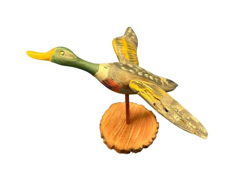 Flying Mallard Duck Wood Carving - Creamer Auction