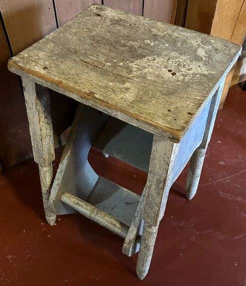 Primitive Wooden Step Stool - with Fold Up Step - Creamer Auction