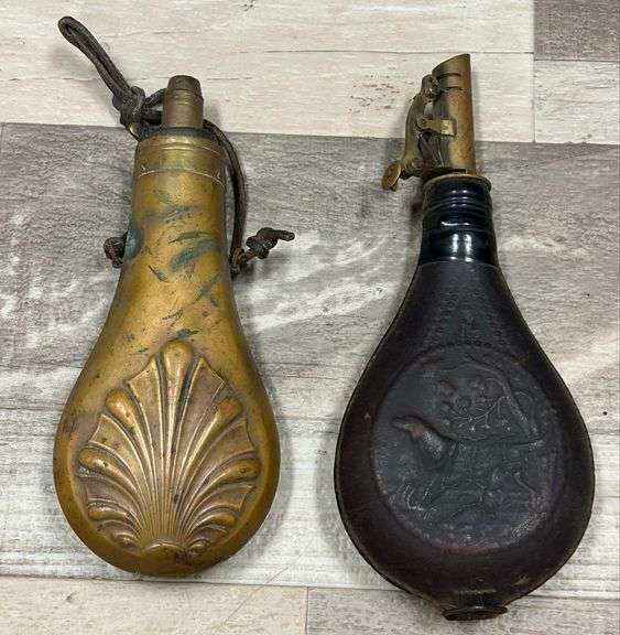 Early Brass Powder Flask & Black Powder Shot Flask with Dog Detail ...