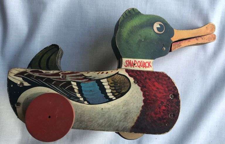 VINTAGE “FISHER PRICE” WOOD PULL TOY “SNAP-QUACK” DUCK TOY - Creamer ...