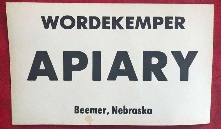 OLD CARDBOARD SIGN “WORDEKEMPER APIARY” BEEMER, NEBRASKA - Creamer Auction