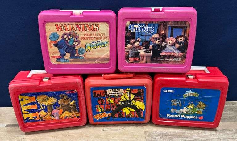 Group of (5) Hard Plastic Lunch Boxes with Drink Containers - Creamer ...