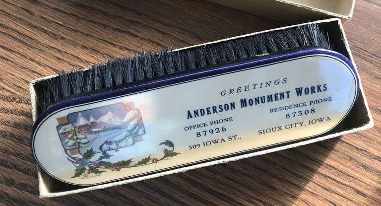 OLD CELLULOID BRUSH WITH SIOUX CITY IOWA ADVERTISING “ANDERSON MONUMENT ...