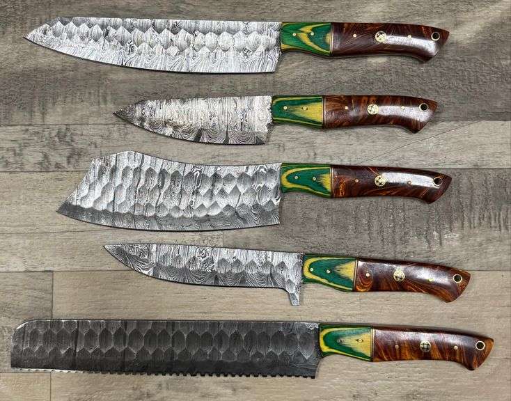 Damascus Steel Fixed Blade Knife Set - Matching Handles - Creamer Auction