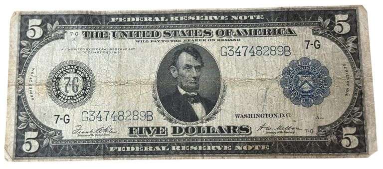 1914 $5 Federal Reserve "Bank of Chicago" - Horse Blanket Note ...