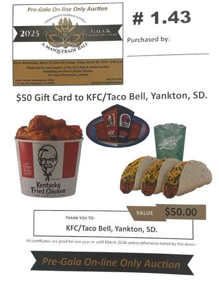 $50 Gift Card to KFC/Taco Bell, Yankton - Creamer Auction