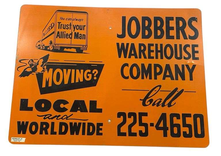 Allied Man Moving “Jobbers Warehouse Moving” Singled Sided Metal ...