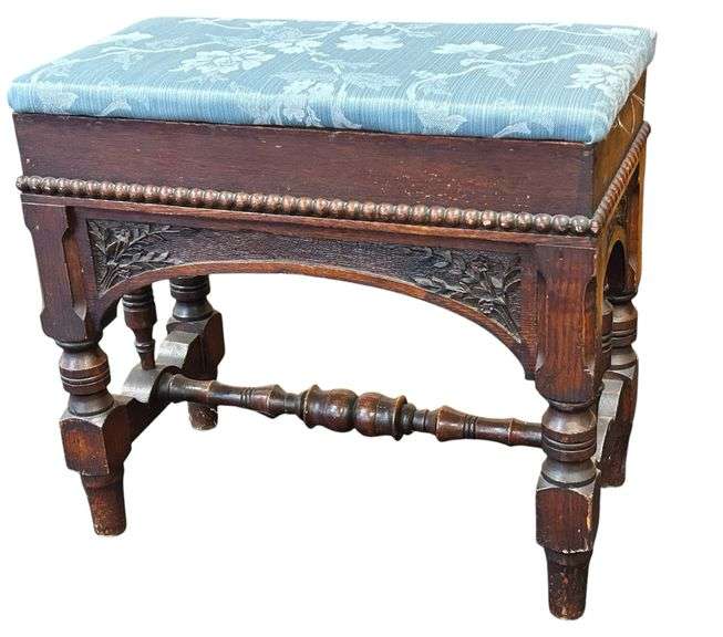 Antique Wood Piano Stool with Blue Upholstered Lift-Top Seat and ...