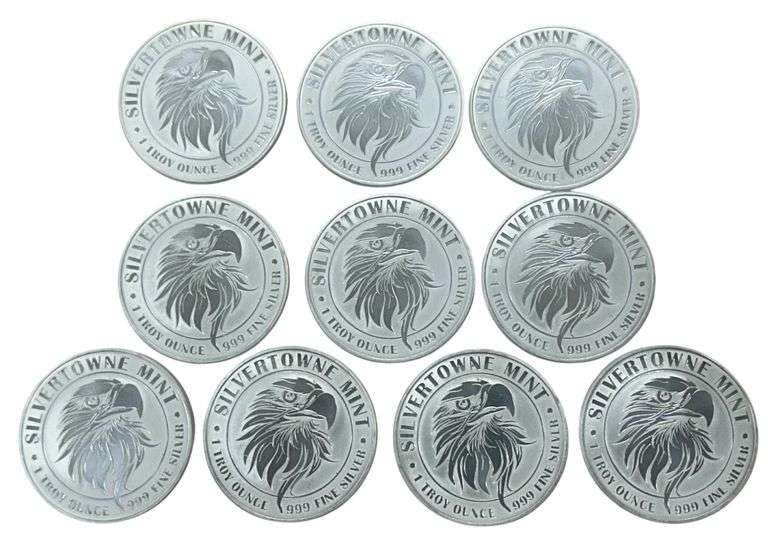(10x) Silvertowne Mint - 1 Oz Silver Rounds - Eagle Design - Creamer ...