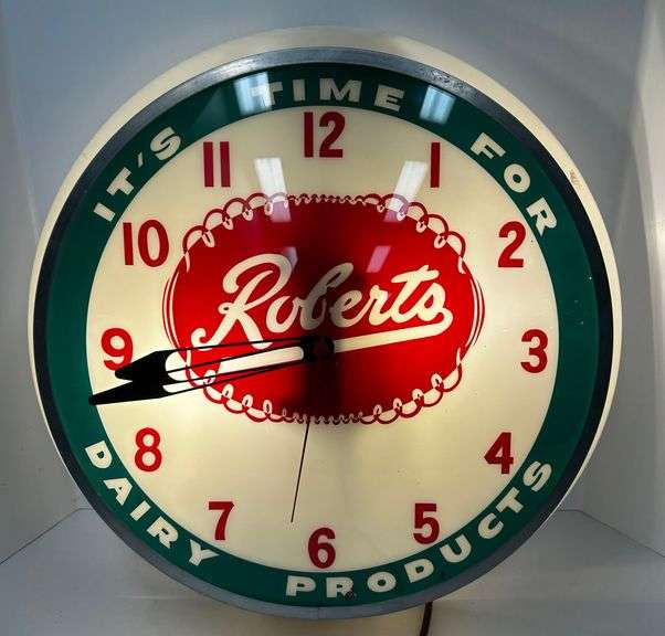 Roberts Dairy - Lighted Advertising Clock - Creamer Auction