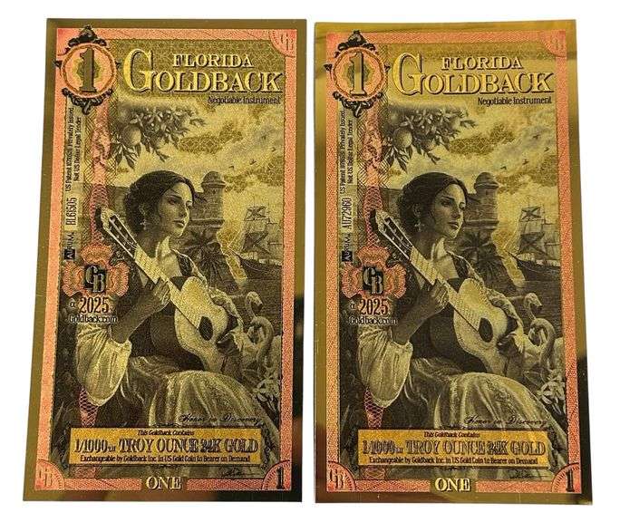 (2x) 2025 Florida Goldback 1 Gold Note – 1/1000 Oz .9999 Fine 24K Gold ...